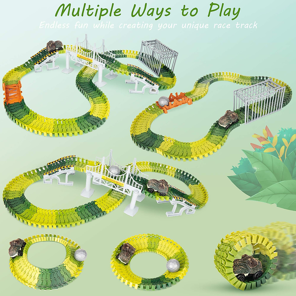 Batlofty Dinosaur Toys Race Track, Flexible Track Playset, Create A Dinosaur World Road Race with 1 Dinosaur Car and 6 Dinosaur Toys for 3 4 5 6 7 Year Old Boys Girls Birthday Gifts