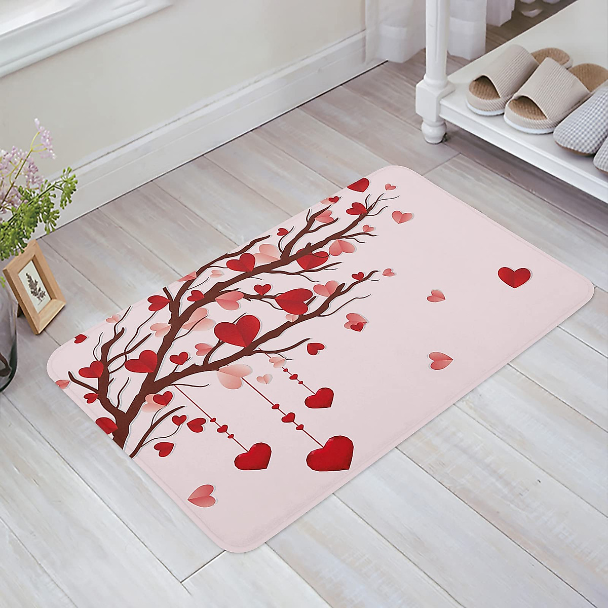 Valentine Bath Rugs Love Heart Tree Bathroom Rugs Pink Red Romantic Love Sponge Doormat Absorbent Non Slip Backing Soft Flannel Mat Memory Foam Mats Carpet for Bathroom Kitchen, 20 x 31.5 inches