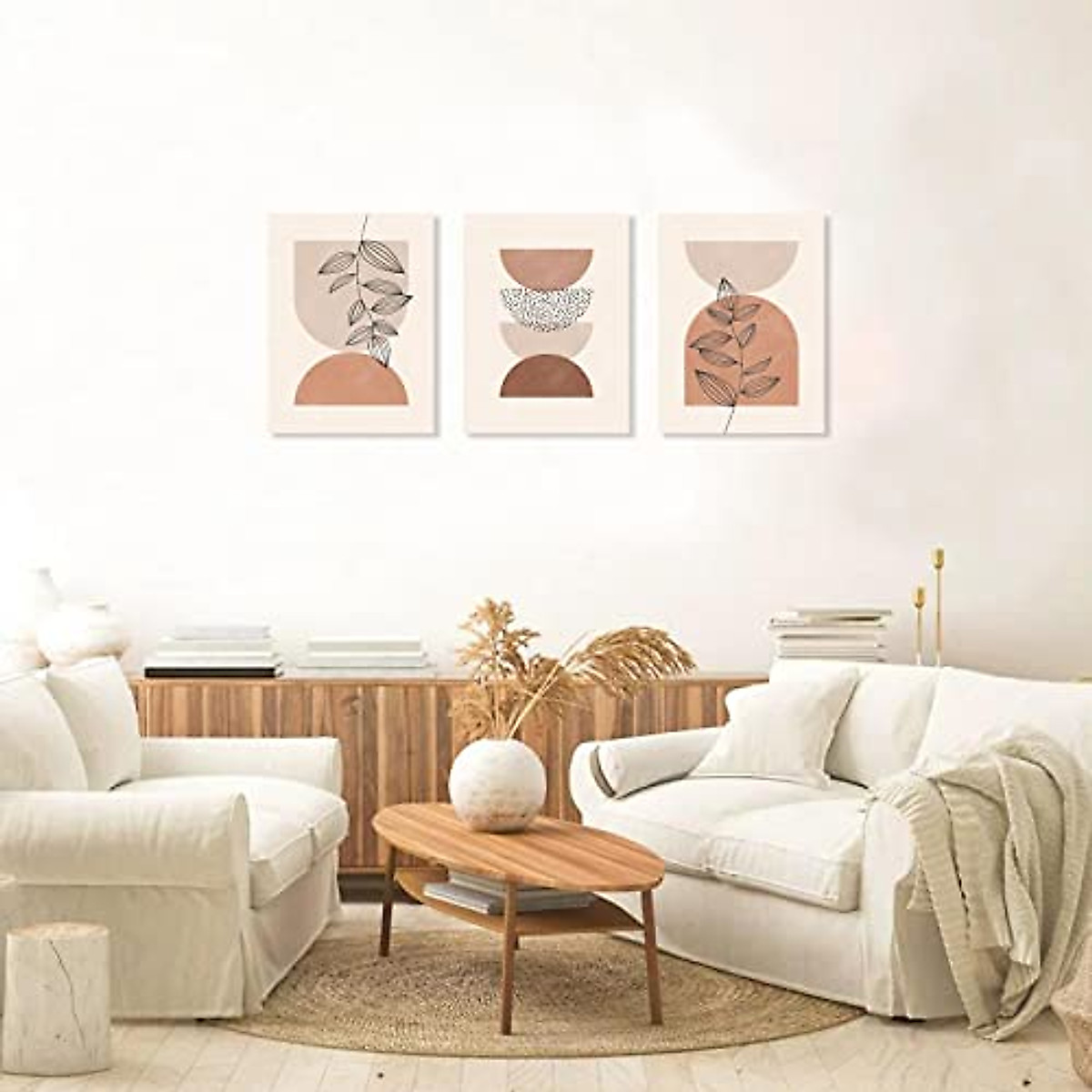 Minimalist Boho Wall Art Set of 3, Mid-Century Modern Wall Prints, Framed Neutral Abstract Geometric Prints Moon Botanical Artwork Paintings Posters Large Boho Wall Decor Ready To Hang for Bathroom Bedroom Living Room Boho Room Decor (12"x16")