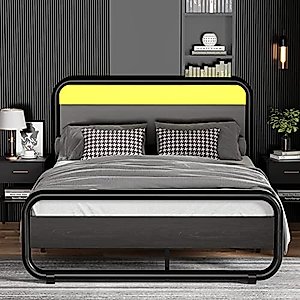 HOMBCK Full Size Bed Frame with Headboard, Metal Bed Frame Full with LED Lights, Heavy Duty Metal Slats, No Box Spring Needed, Noise Free, Easy Assembly, Black