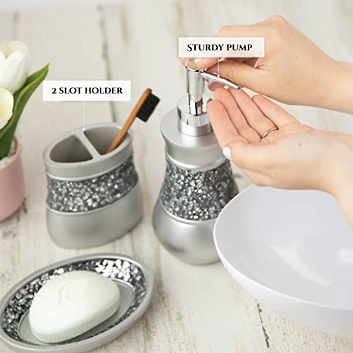 Creative Scents Silver Bathroom Accessories Set complete - Decorative Crackled Glass 6 Piece Bathroom Set Features: Trash Can, Tissue Box Cover, Soap Dispenser, Toothbrush Holder, Soap Dish, & Tumbler
