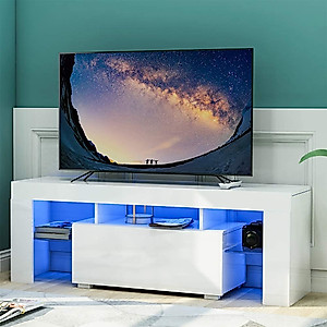 MTFY Modern TV Stand with LED Light, Entertainment TV Stand Cabinet with Single Drawer, Television Table Center Furniture for Living Room Bedroom, for 52'' TV, White