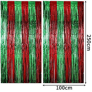 Sumind 3 Pack Metallic Tinsel Curtains, Foil Fringe Shimmer Curtain Door Window Decoration for Birthday Wedding Party (Red with Green)