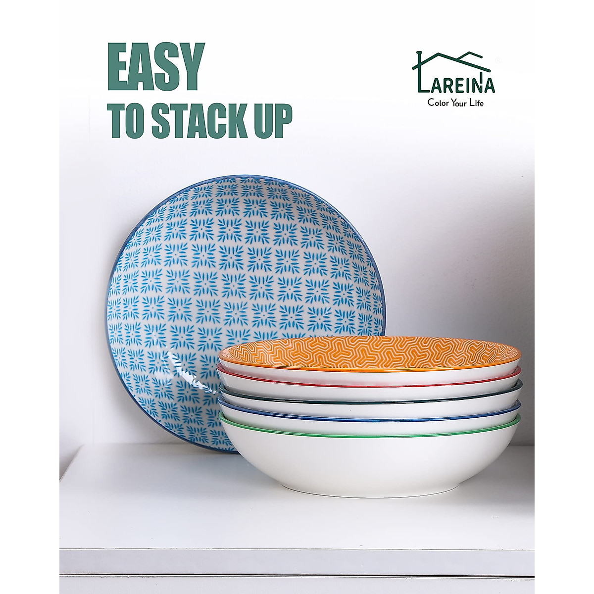 Large Pasta Bowls Set of 6 - Ceramic Salad Serving Bowls, Wide and Shallow 30 Ounce Deep Pasta Plates for Soup, Microwave and Dishwasher Safe