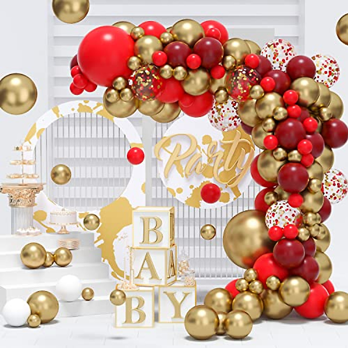 Red Gold Balloon Garland Arch Kit -100pcs 18Inch 12Inch 10Inch 5Inch with Red Metallic Chrome Gold and Red Gold Confetti Balloons for Christmas Holiday Candy Theme Xmas Birthday Decorations