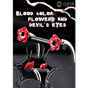 OUFER 2PCS Fake Lobe Earrings, 18G Devil's Eyes Lobe Piercing Jewelry, Fake Devil's Teeth Fake Gauges Faux Plug Taper 3D Devil's Flowers Body Piercing Jewelry For Women And Men