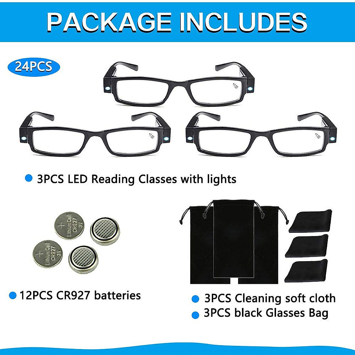 Reading Glasses with Light Bright LED Readers with Lights Reading Glasses Lighted Magnifier Nighttime Reader Compact Full Frame Eyewear Unisex Clear Vision Lighted Eye Glasses,+3.5