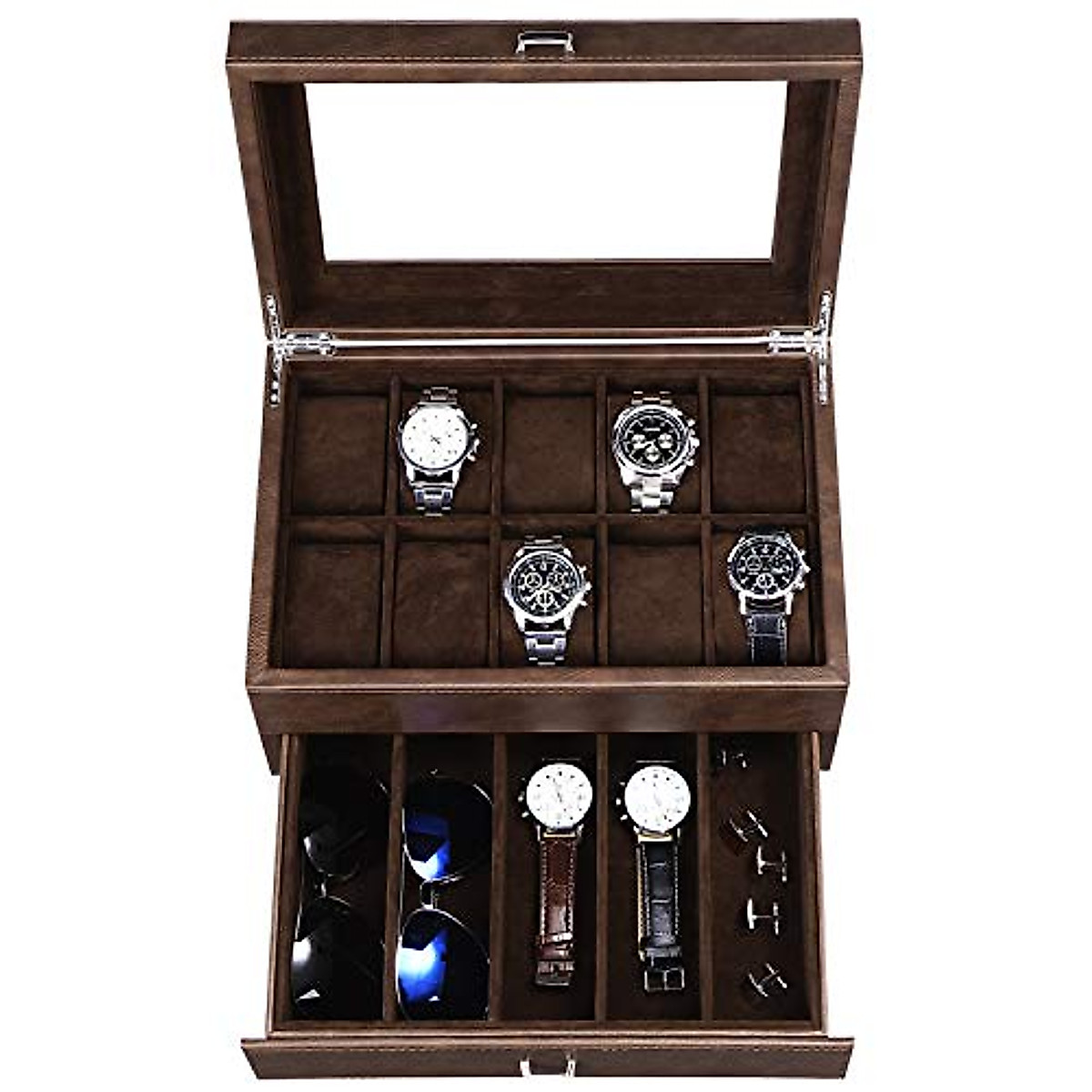 BEWISHOME Watch Box Luxury Watch Case -10 Slots Watch Organizer for Men with Drawer, Large Glass Top, Faux Leather,Brown SSH34Z