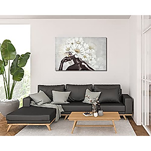 ARTINME Framed African American Black Art Women with Glod Flowers Wall Art Hand-Painted on Canvas Print Wall Picture for Home Accent Living Room Wall Deco 24"x36"