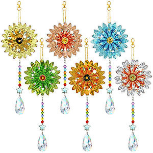 Tradder 6 Pcs Diamond Art Sun Catcher Wind Chime Double Sided Crystal Diamond Art Hanging Ornament African Daisy Sun Catcher Kit for Adults Kids DIY Craft Window Garden Home Decor