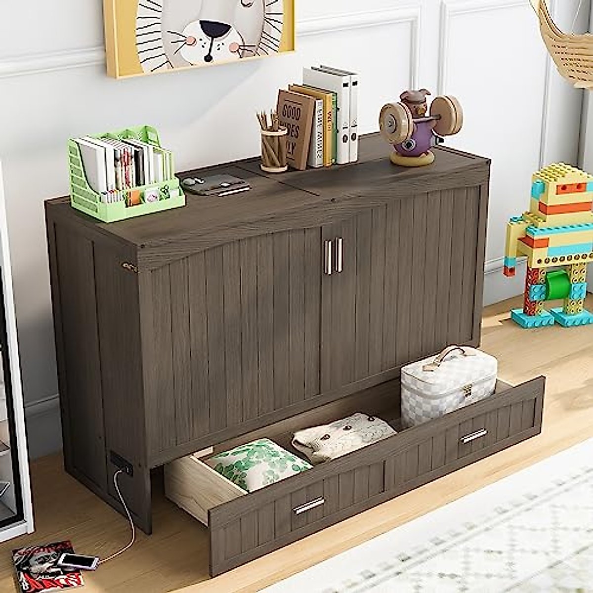 DHHU Murphy Bed Queen Size Cabinet Bed with Built-in Charging Station, Wooden Multipurpose Cabinet Bedframe w/Large Storage Drawer, Save Space Design, No Spring Required Needed