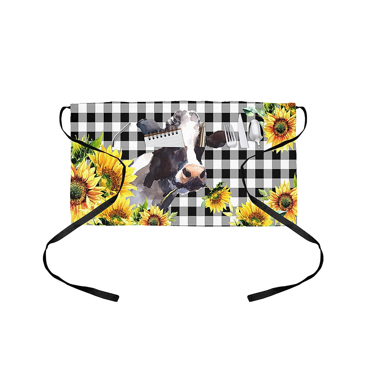 RisQiten Farm Cow Waitress Apron for Women/Men with 3 Pockets, Farmhouse Sunflower Black amd White Plaid Server Aprons Waterproof Kitchen Cooking Half Waist Apron