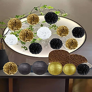 16Pcs of Tissue Paper Pom Poms Mixed Paper Lanterns Craft Kit, Suitable for Gold Theme Party Baby Shower Birthday Party Bridal Shower and Wedding Party Decoration (Black/Gold) (a)