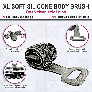 35.5"/90cm Silicone Back Scrubber for Shower Extra Long Double Sided Body Brush and Massage for Men and Women Fast Drying Travel Ready (Grey)
