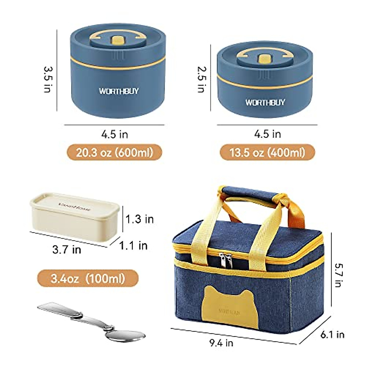 TiLeMiun Microwave Safe Thermal Lunch Box For Food, Portable Insulated Lunch Containers For Aldults To Work, 18/8 Stainless Steel Leakproof Stackable Food Container With Bag (Blue 4Pcs 68oz)