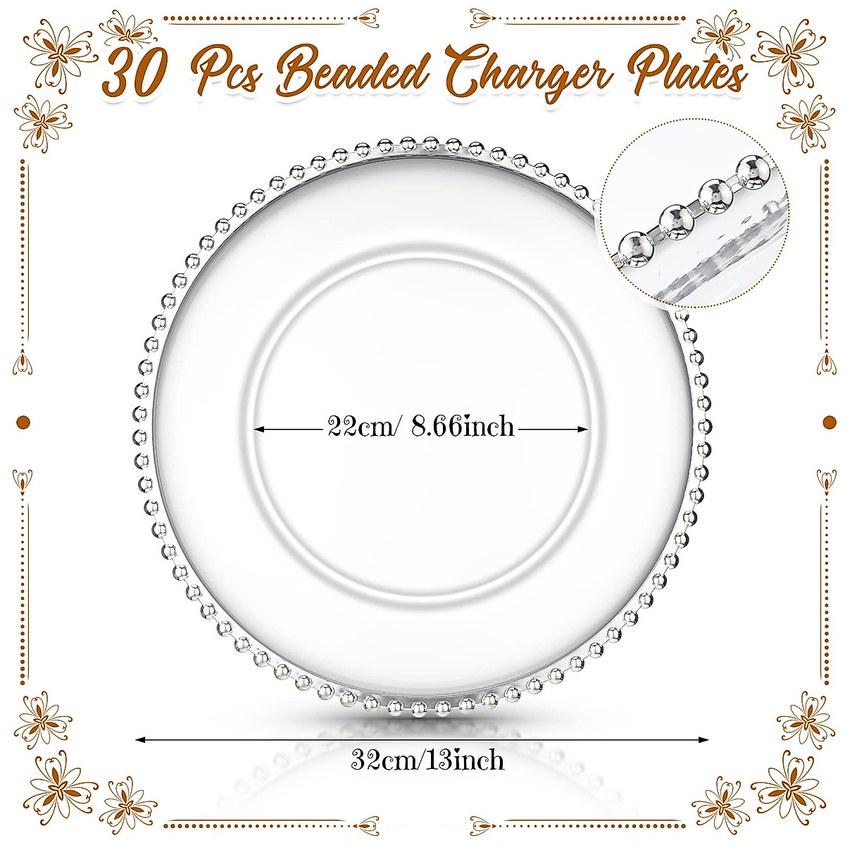 Weewooday 30 Pieces Silver Plastic Beaded Charger Plates 13 Inch Round Dinner Chargers Bead Clear Service Plates for Wedding Birthday Party Events Bridal Shower Dinner Tabletop Decoration