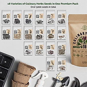 18 Culinary Herbs Seeds Variety Pack - Heirloom, NON-GMO, Herbs Seeds for Planting Outdoor and Indoor - Home Gardening. Over 5000+ seeds including Rosemary, Thyme, Oregano, Mint, Basil, Parsley & More
