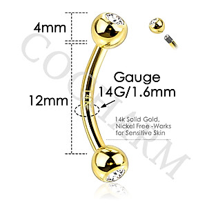 COCHARM 14K Solid Gold Long Bar Belly Button Rings 12mm Real Gold Cute Belly Piercing Rings Snake Eyes 14k Gold Navel Ring Navel Piercing Gold