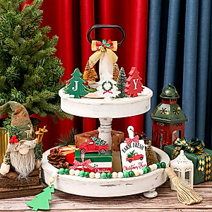 Christmas Tiered Tray Decor Christmas Book Stack Wooden Truck Tree Decor Farm Fresh Christmas Trees Wooden Block Sign Farmhouse Xmas Tree Gnomes Plush Beads Garland Decor Set for Home Table (Joy)