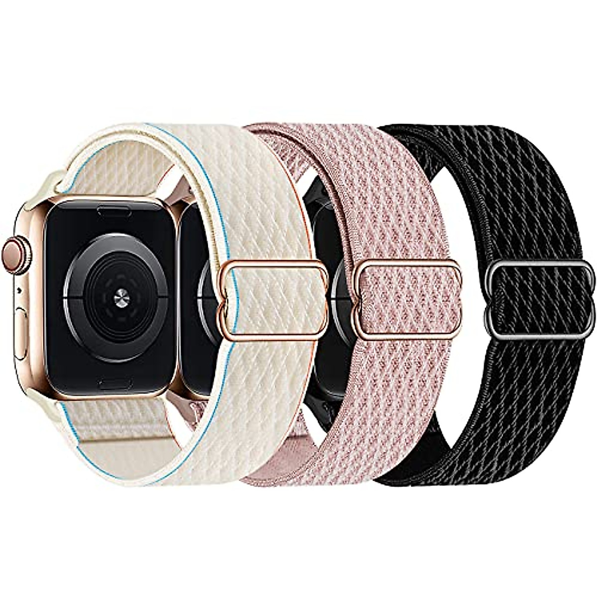 Swhatty Stretchy Nylon Solo Loop Bands Compatible with Apple Watch 41mm 40mm 38mm, Adjustable Braided Sport Elastics Women Men Strap for iWatch Series 8 7 6 5 4 3 2 1 SE (Black, Rose pink, Cream)