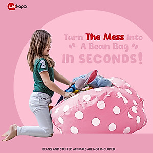 Wekapo Stuffed Animal Storage Bean Bag Chair Cover for Kids | Stuffable Zipper Beanbag for Organizing Children Plush Toys Large Premium Cotton Canvas (Pink Dot, XX-Large)