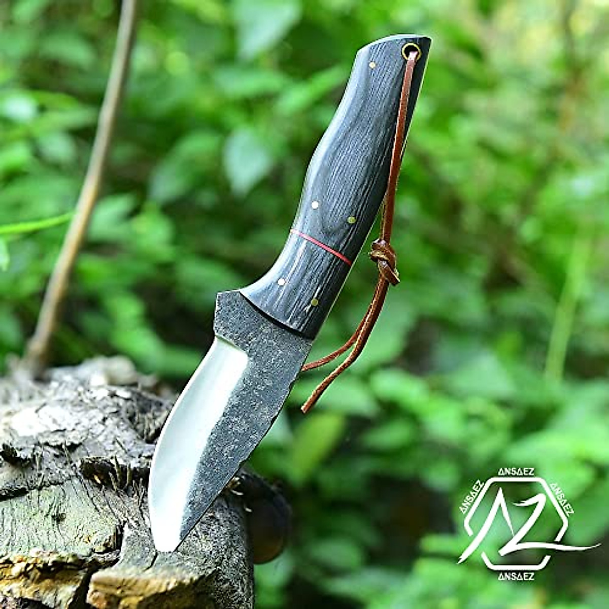 ZEASNA ZE-HK-51 Handmade Carbon Steel hunting knife with Leather Sheath Outdoor Full Tang Fixed blade Bushcraft Knife, survival knife for Hunting Camping Skinning with Wood Handle (Black)