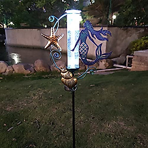 JOYbee Mermaid Solar Powered Rain Gauge Garden Stake,Metal Mermaid Stake with Replacement 7" Capacity Glass Tube, LED Lights Glass Tube (Solar Rain Gauge),Decoration for Yard Lawn Outside