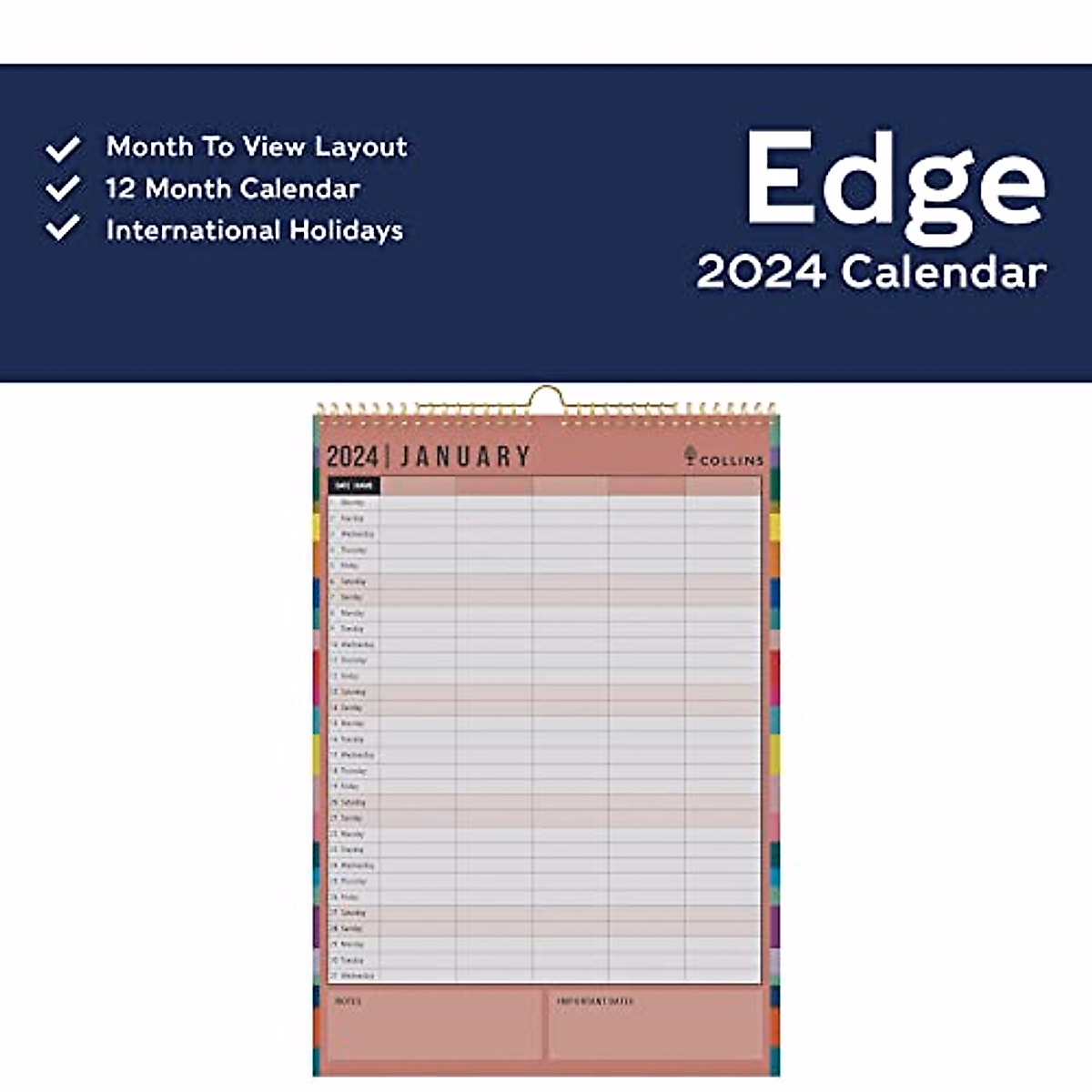 Collins Edge Rainbow 2024 Family Wall Calendar - Lifestyle Planner and Organiser for Office Work Personal and Home - January to December 2024 Diary - Weekly - - EDFC135-24 Black