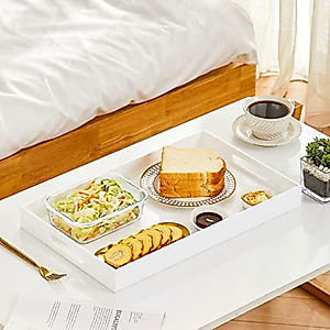 MUKEEN Glossy White Sturdy Acrylic Serving Tray with Handles 12x20x2H Inches -Spill Proof- Decorative Trays Countertop Organizer for Ottoman Coffee Table Nightstand, sidetable, Breakfast, Tea, Food