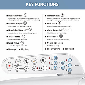 KERDE 08C Electric Bidet Toilet Seat,Warm Water Cleansing,Warm Air Drying, Heated Seat,Adjustable Temperature Settings, Moving Nozzle Massage,White,Night Light, Elongated,Bidets for Existing Toilets.