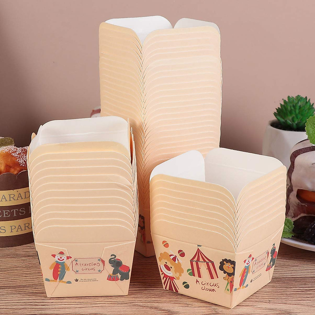 TOYANDONA 100pcs Paper Baking Cup Small Square Cake Wrappers Cupcake Liners Desserts Holders Muffin Cases for Weddings Birthdays Baby Shower (Cartoon Circus)