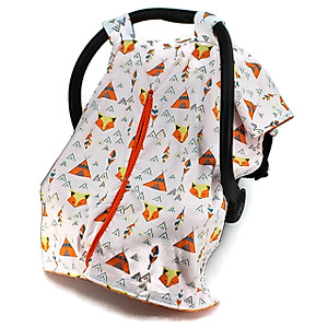 Dear Baby Gear Car Seat Canopy, Fox And Teepees, Orange Minky