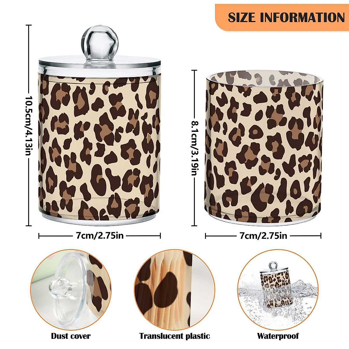 ALAZA 4 Pack Qtip Holder Dispenser Leopard Print Cheetah Cotton Ball Cotton Swab Cotton Round Pads Floss Clear Bathroom Storage Containers Plastic Apothecary Jars with Lids