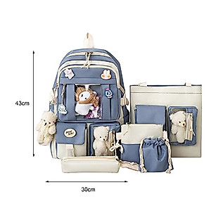 Kawaii Backpack 5Pcs Set Aesthetic School Bags, Cute Backpack Bookbag with Badge Pendants and Pins Rucksack for Teen Girls (Blue)