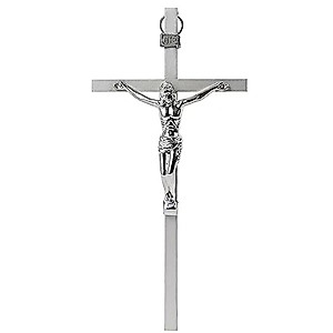 SWIMERY Crucifix Wall Cross,Silver Metal Slender Catholic Crosses for Room Decor, Cross (Hanging or Standing)-10Inch 10 x 5.1 x 0.7 inches