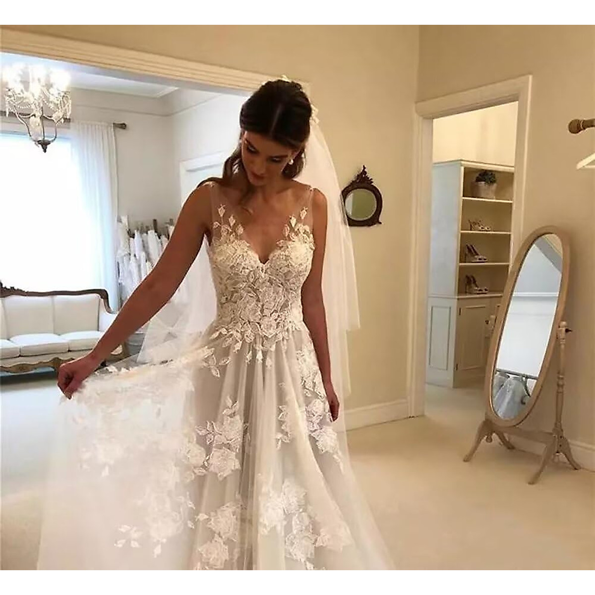 Tsbridal Women Wedding Dresses A-line V-Neck Tulle Lace Backless Boho Wedding Gown Bridal Dresses Ivory US 14-1