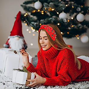 Jeweled Christmas Tree Headband with Embellished Crystals and Pearls - Wide Top Knot Knotted Headbands for Women, Holiday Hair Accessories and Outfits Gift