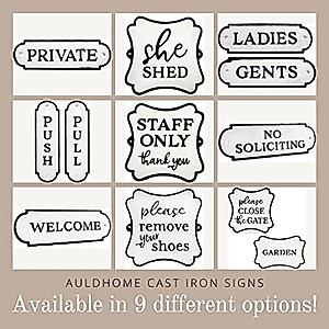 AuldHome Cast Iron Sign: Please Remove Your Shoes; Farmhouse Metal Plaque in Black and White 6.5 inches x 6.5 inches; Includes Mounting Hardware
