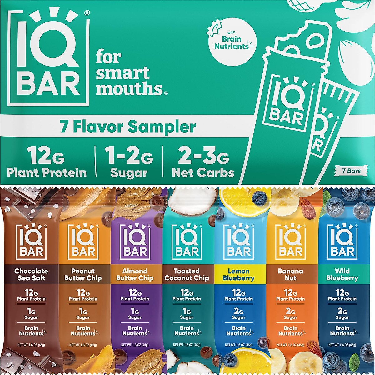 IQBAR Brain and Body Plant Protein Bars - 7 Bar Sampler Pack - Gluten Free, High Fiber, Vegan Snacks - Low Sugar Meal Replacement
