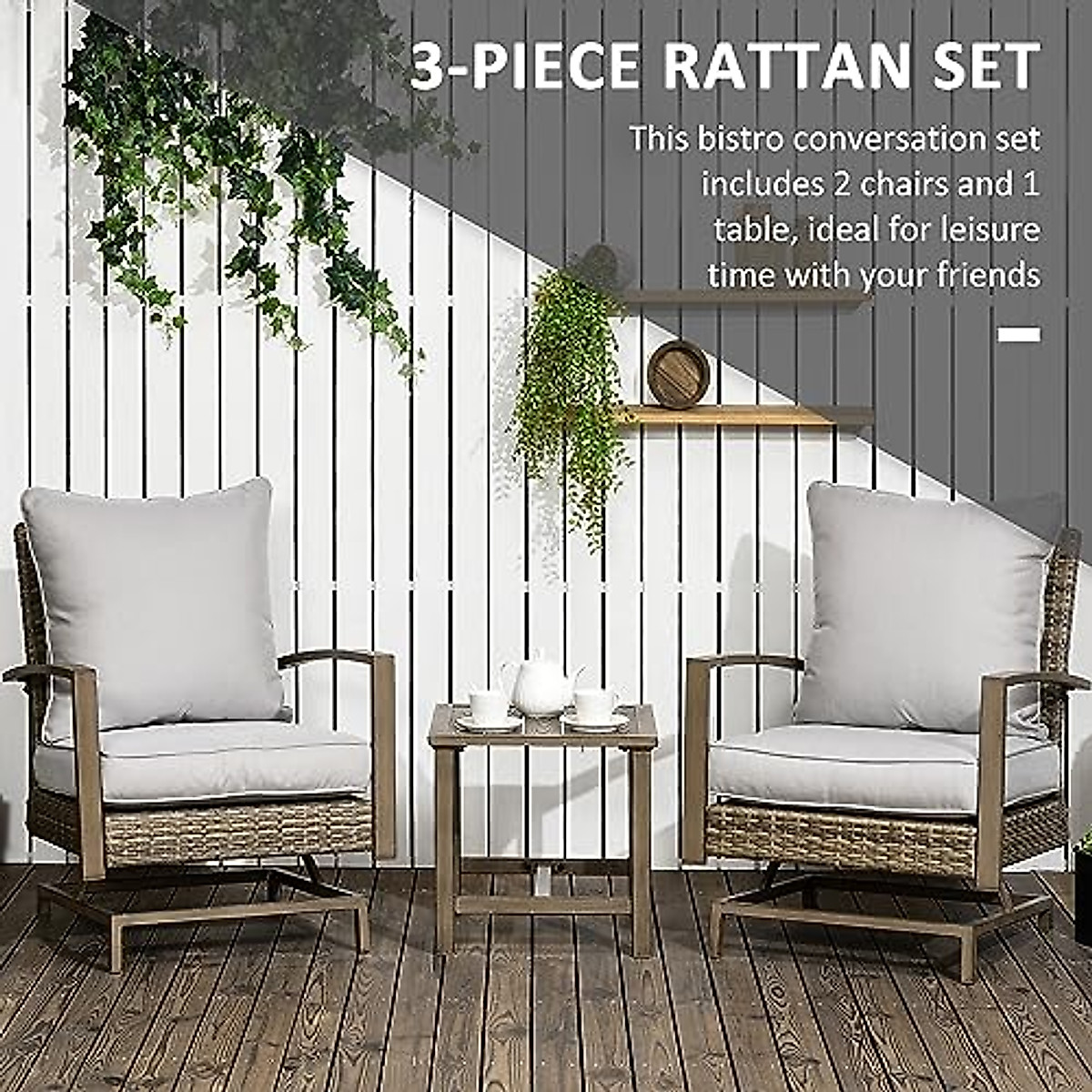 Outsunny 3-Piece PE Rattan Patio Furniture Set with Rocking Chairs and Bistro Coffee Table, Outdoor Wicker Rocker Conversation Set with Cushions for Balcony, Porch, Poolside, Yard, Garden - Gray
