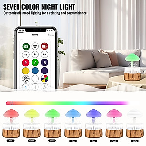 Rain Diffuser, App Control Snuggling Cloud Diffuser with 5 Essential Oils, 7 Changing Colors Night Light, Mushroom Humidifier for Sleeping Relaxing Mood Rain Drop Sound, Wood