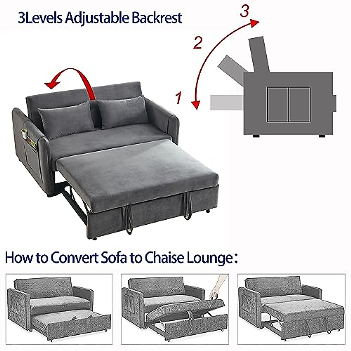 Mbolyeer 54" Modern Convertible Sleeper Sofa Bed, Velvet Loveseat Sofa Couch w/Pull-Out Bed, Seat with Adjustable Backrest, Lumbar Pillows, and Living Room Side Pockets, Gray