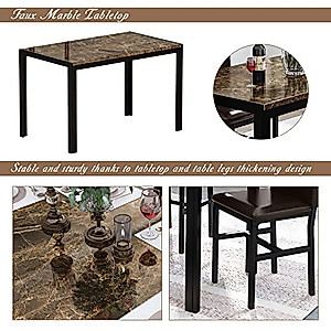 DKLGG Marble Dining Table Set for 4, 5-Piece Faux Marble Kitchen Table and Chairs for 4, Space Saving Dining Room Table Set w/4 Upholstered PU Leather Chairs, Ideal for Dining Room, Kitchen, Corner
