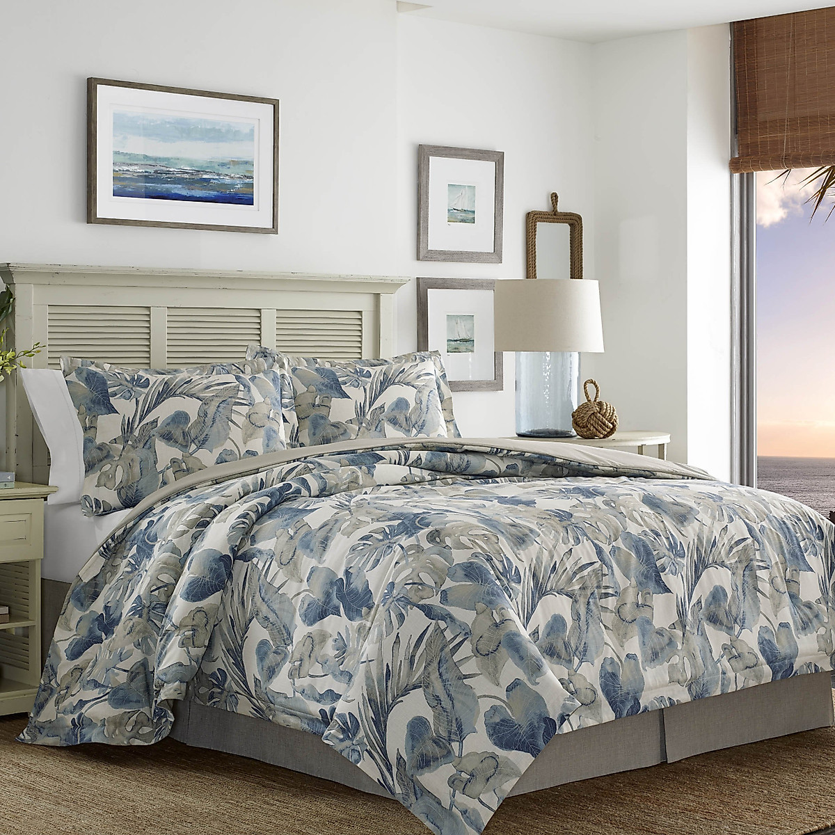 Tommy Bahama - Queen Duvet Cover Set, Soft Cotton Bedding with Matching Shams, Tropical Home Decor with Solid Reverse (Raw Coast Blue, Queen)
