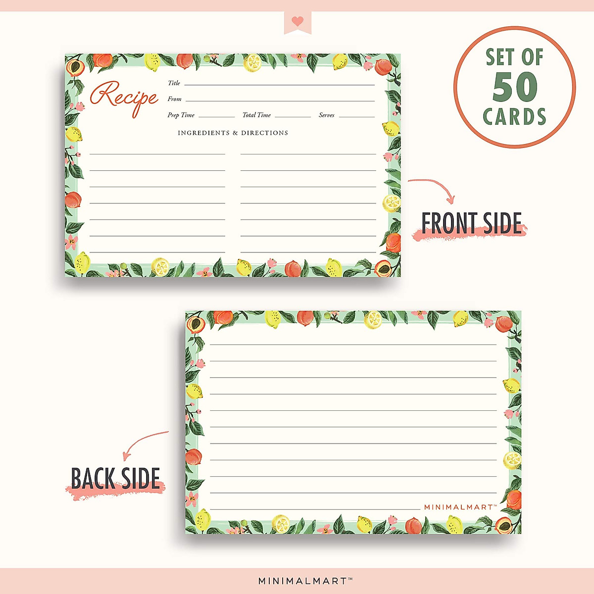 Minimalmart Lemon & Peach Recipe Cards 4" x 6" Recipe Cards- Thick Premium Card Stock With Kraft Paper Look | Ideal For Recipe Box Or Binder | Lots Of Space & Easy To Write On | Set Of 50