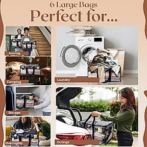 6-Pack Extra-Large, Heavy-Duty, Semi-Transparent Moving Bags Totes for Clothes, Storage, Supplies - Removable and Adjustable Shoulder Straps, Double Zippers, and Reinforced Handles