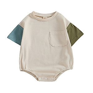 Twopumpkin Baby Bubble Romper Newborn Boy Girl Oversized Color Block Short Sleeve Onesie Summer Clothes Cute Outfits (Pocket Blue Green,6-12 Months)