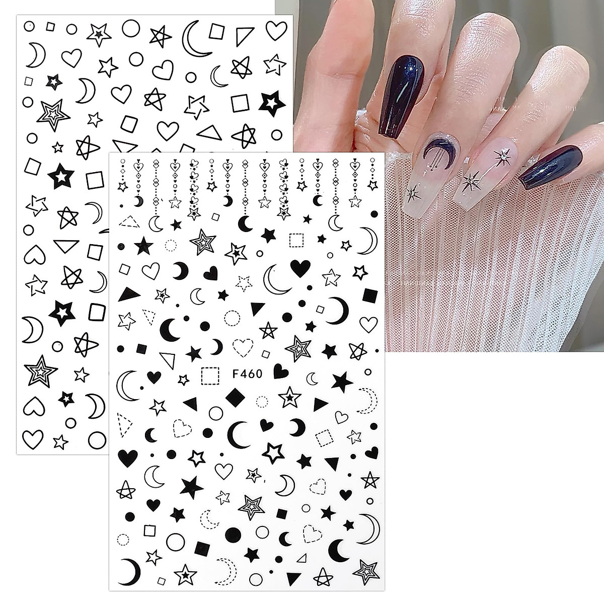 JMEOWIO 9 Sheets Moon Star Nail Art Stickers Decals Self-Adhesive Pegatinas Uñas Gold Silver Black Nail Supplies Nail Art Design Decoration Accessories