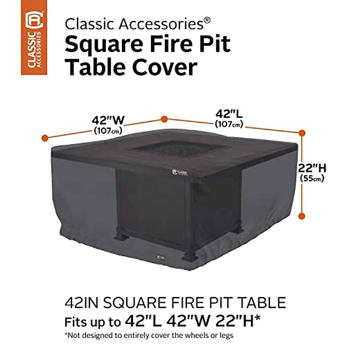 Classic Accessories Water-Resistant 42 Inch Square Fire Pit Table Cover, Outdoor Table Cover,Black