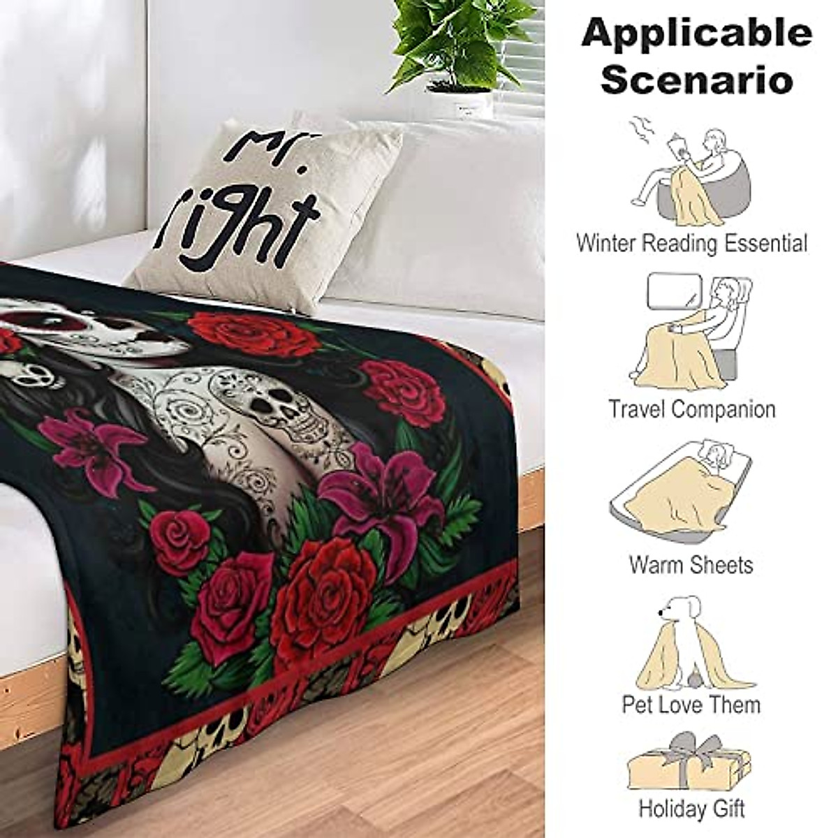 Day of The Dead Sugar Skull Blanket Rose Flowers Throw Fleece Blankets Rug Soft for Gift Bed Sofa 60"X50" Lightweight Flannel Blanket Bedding